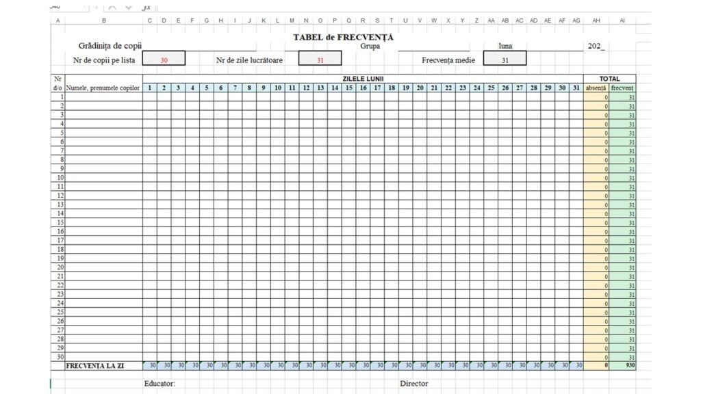 Tabel lunar de frecvență a copiilor (format Excel) cod.CE0010VI ...